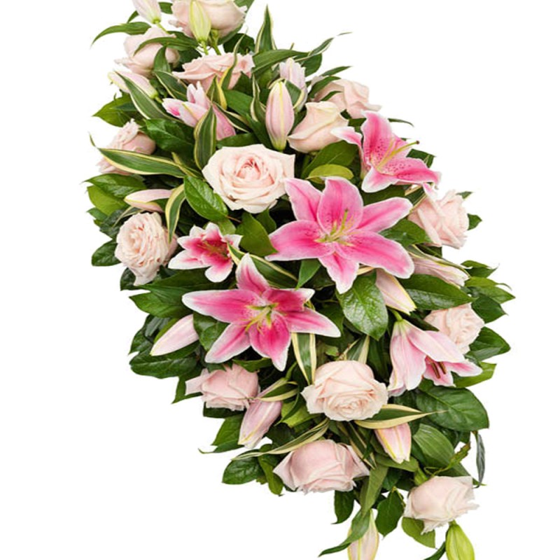 Aranjament floral capac sicriu Crin roz si Trandafiri